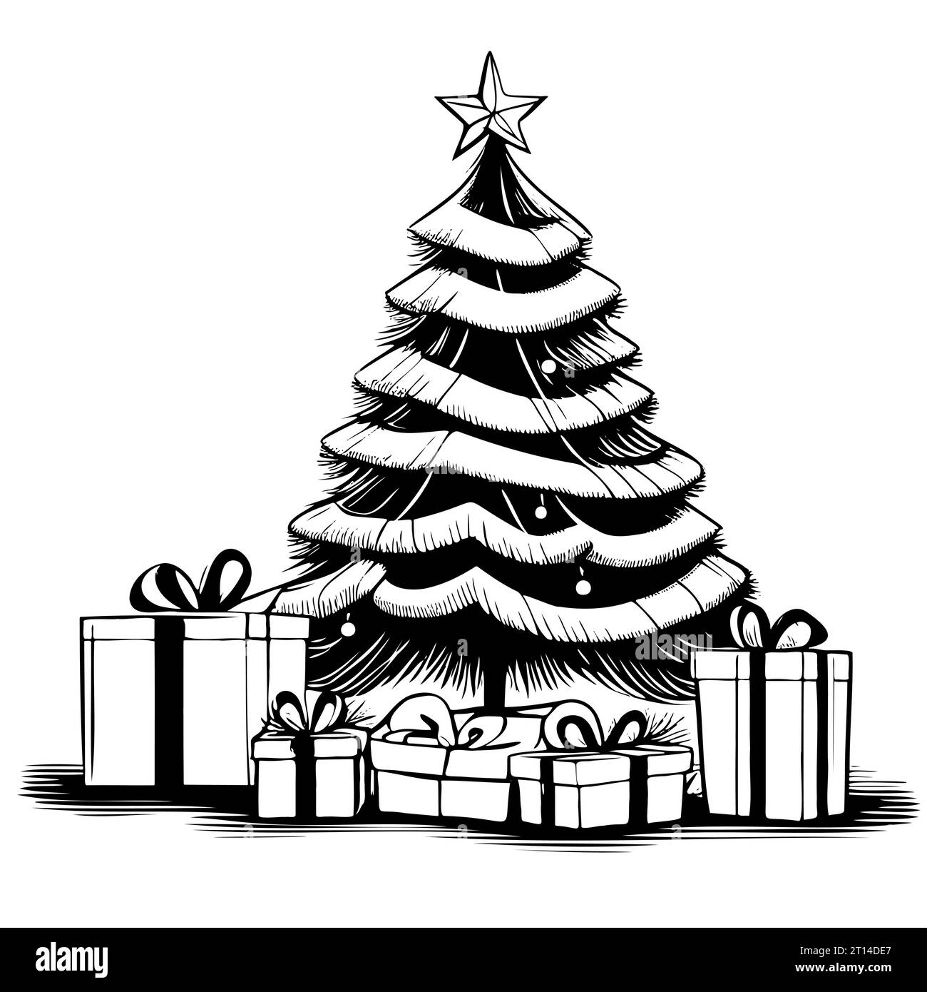 Christmas tree sketch with star and decorated gift boxes, hand drawn ...
