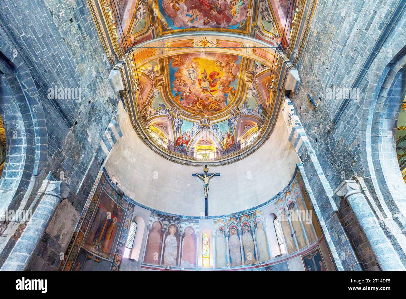 Painted presbytery ceiling and partly recovered frescos on medieval ...