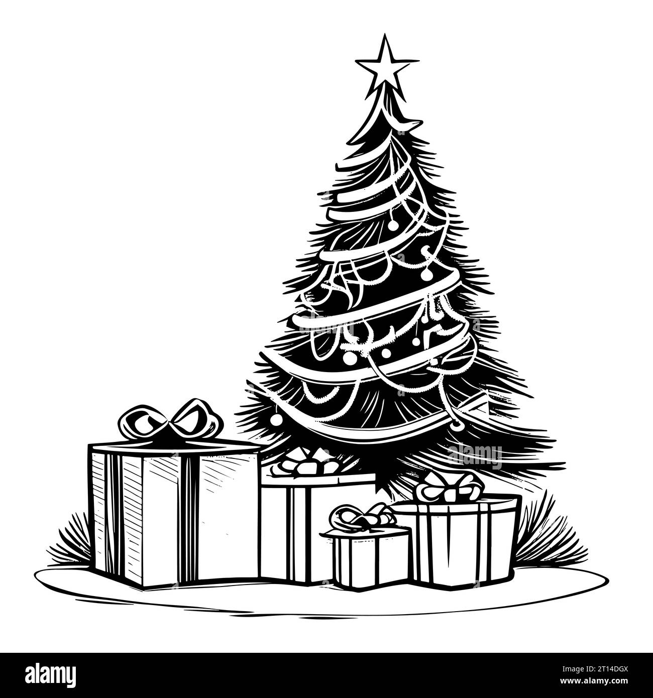 Christmas tree sketch with star and decorated gift boxes, hand drawn ...