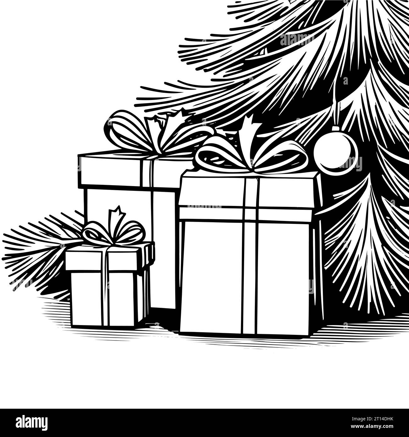 Christmas tree sketch with star and decorated gift boxes, hand drawn ...