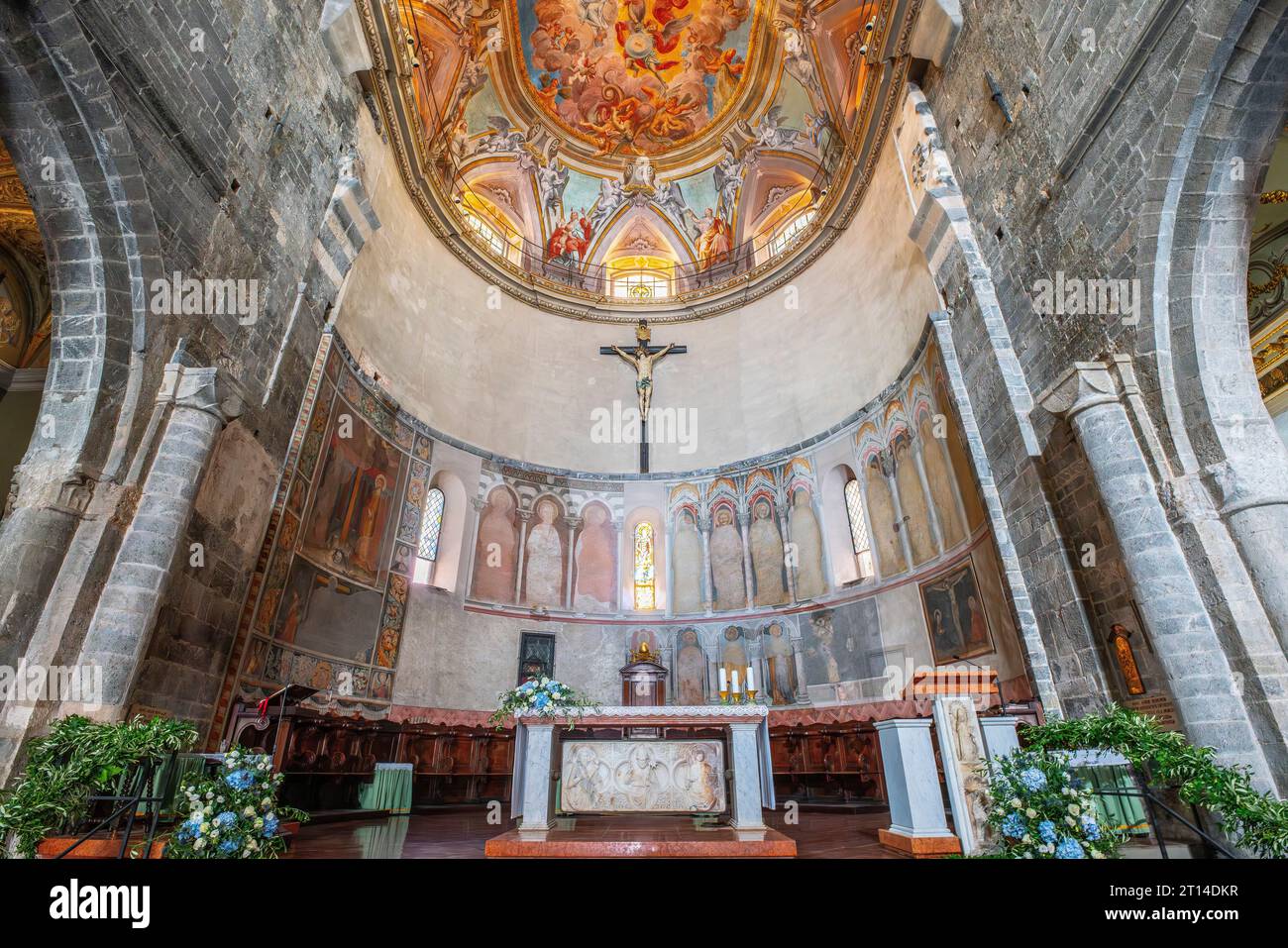 Painted presbytery ceiling and partly recovered frescos on medieval ...