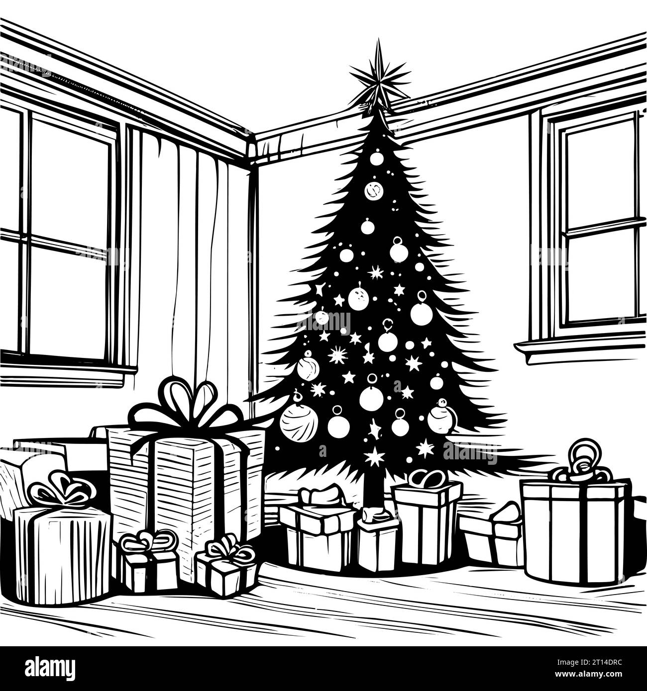Christmas tree sketch with star and decorated gift boxes, hand drawn ...