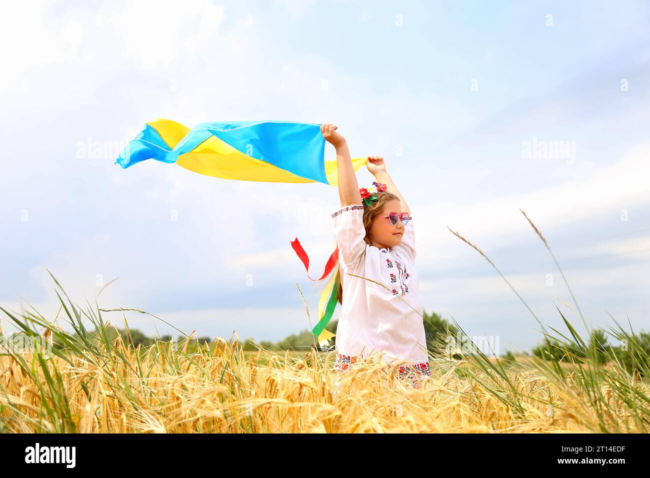 Happy Ukrainian girl carries fluttering blue and yellow flag of Ukraine ...
