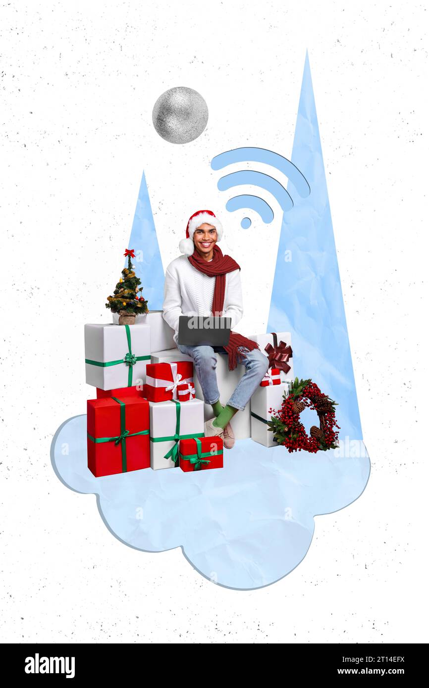 Vertical creative collage image of funny man laptop wifi internet ...