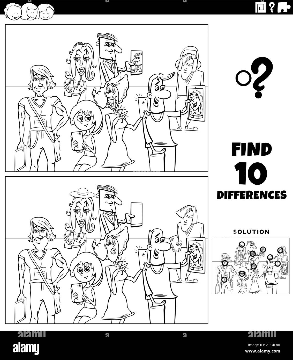 Black and white cartoon illustration of finding the differences between ...