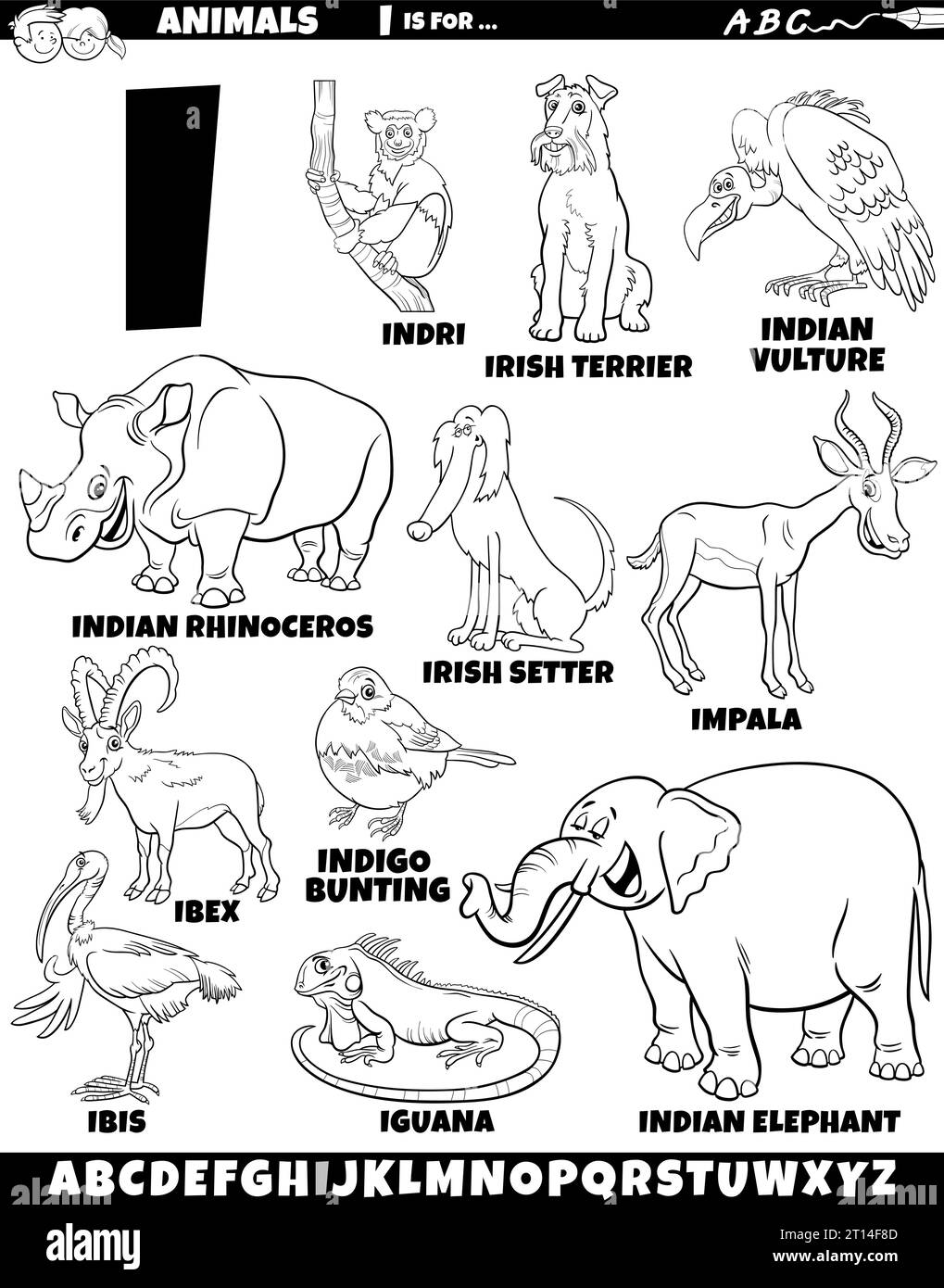 Cartoon illustration of animal characters set for letter I coloring ...