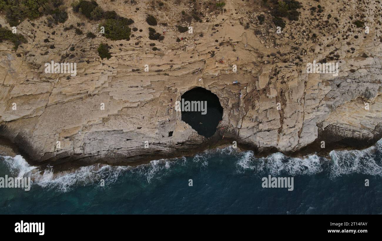 An aerial view of the spectacular Eye of Zeus rock formation on the ...