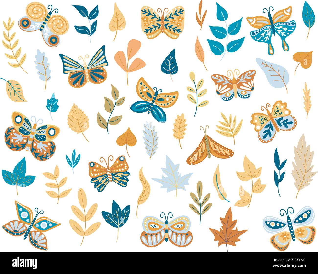 Collection exotic butterflies and twigs isolated on white background ...