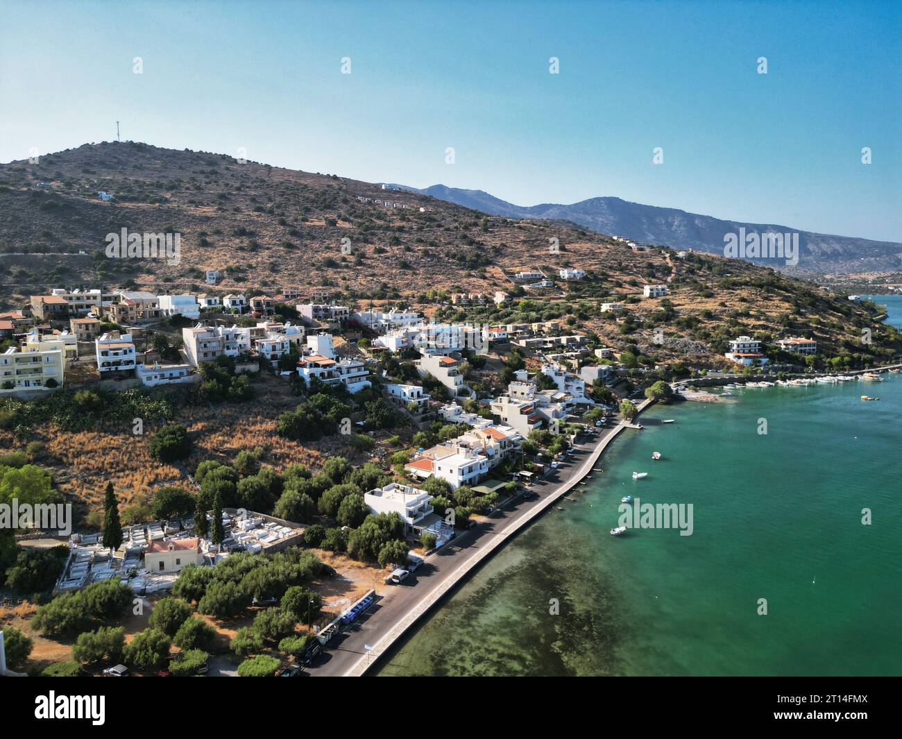 An aerial view of the small town of Elounda Bay, located on the Greek ...