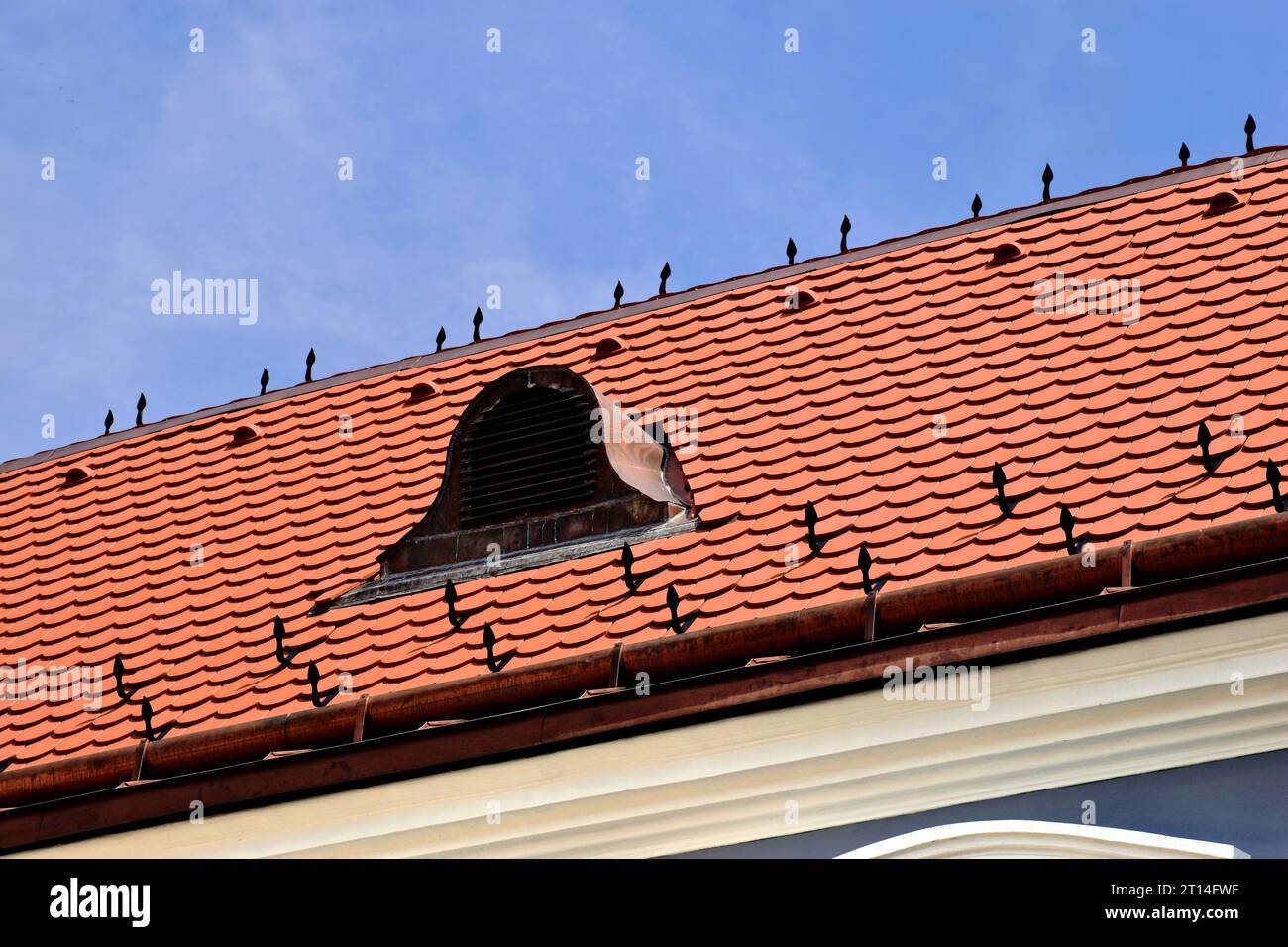 beavertail sloped clay tile roof. red brown color. copper plated dormer ...