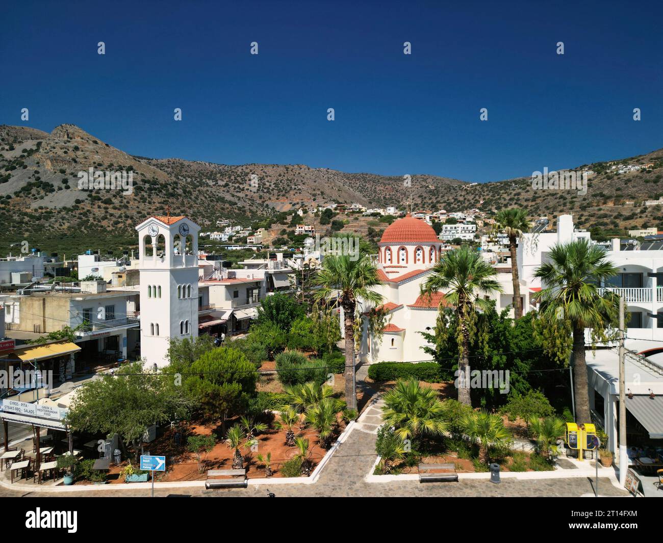 An aerial view of the small town of Elounda Bay, located on the Greek ...