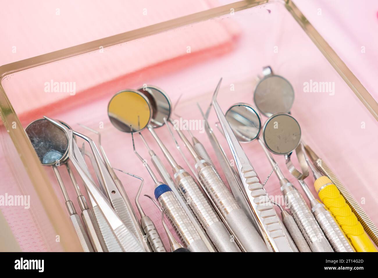 Professional dentist tools, dentist mirrors, forceps curved, explorer ...