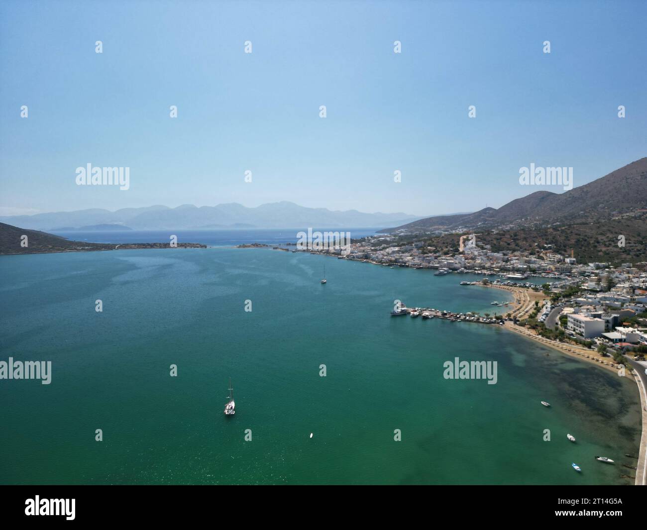 An aerial view of the small town of Elounda Bay, located on the Greek ...