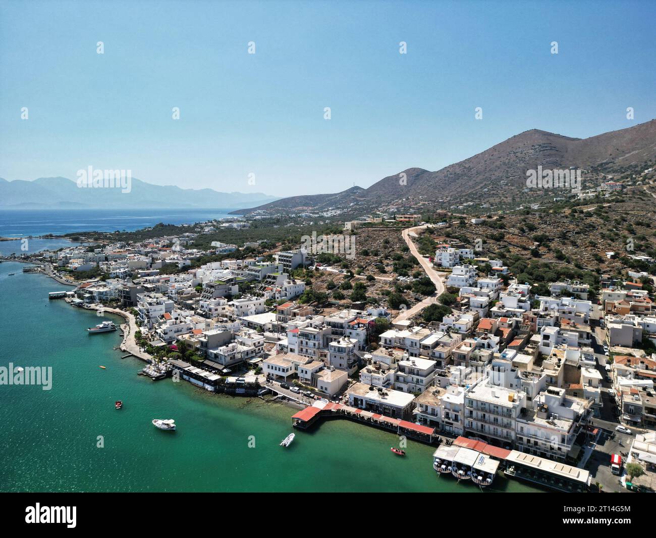 An aerial view of the small town of Elounda Bay, located on the Greek ...