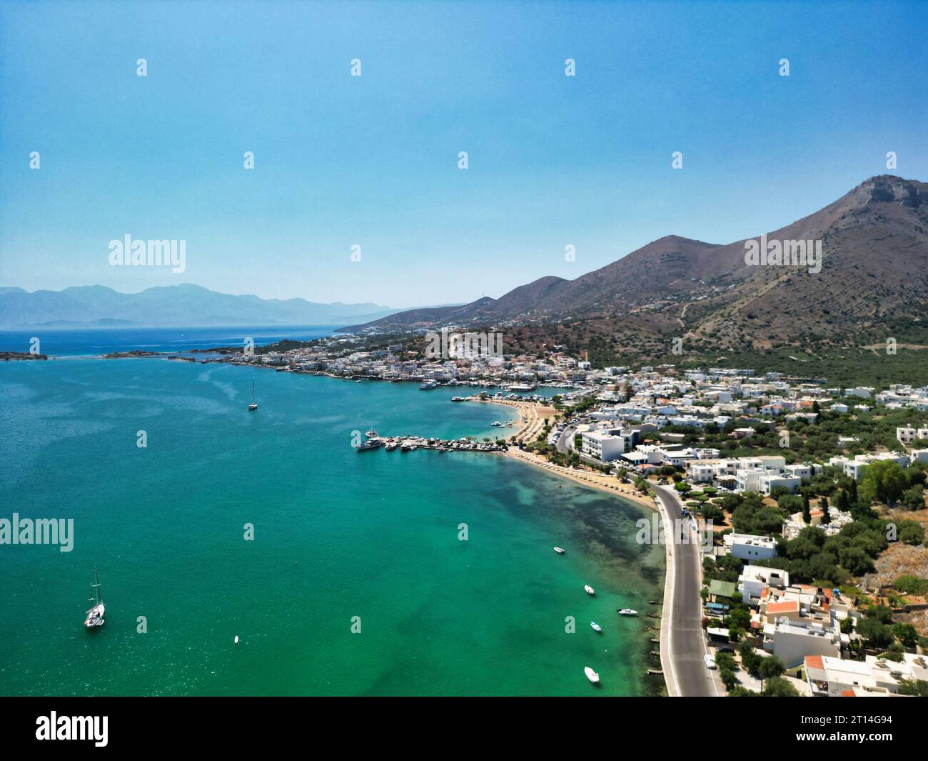 An aerial view of the small town of Elounda Bay, located on the Greek ...