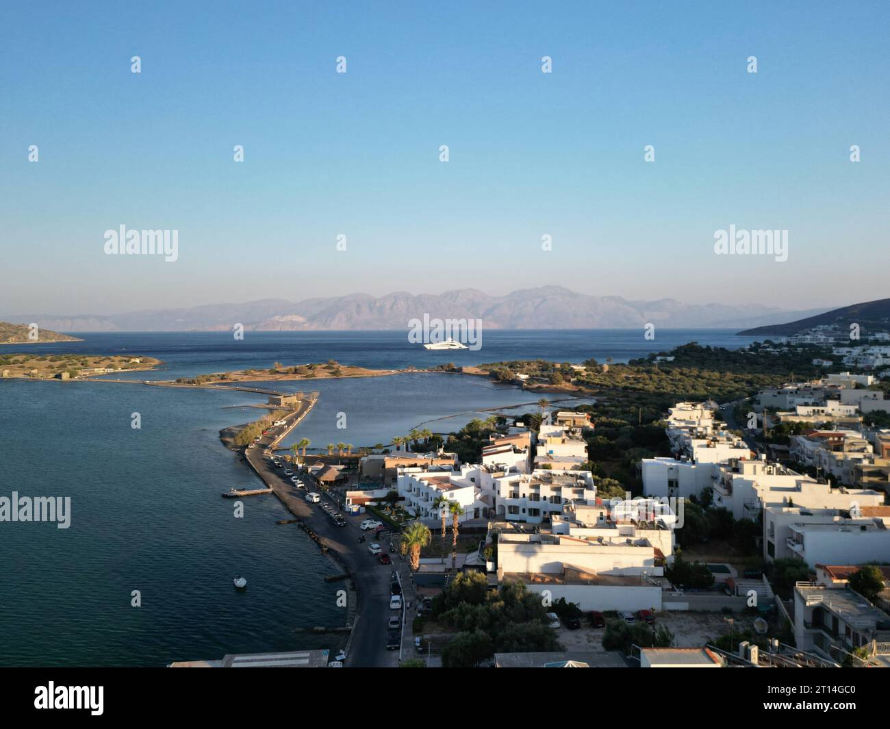 An aerial view of the small town of Elounda Bay, located on the Greek ...