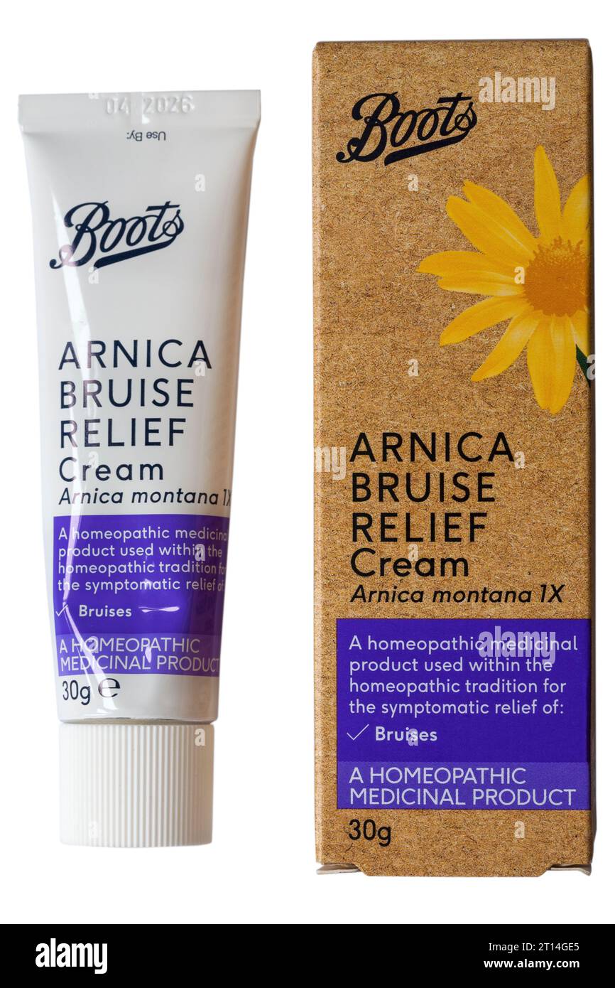 Arnica Bruise Relief cream from Boots box with tube removed isolated on white background - a ...