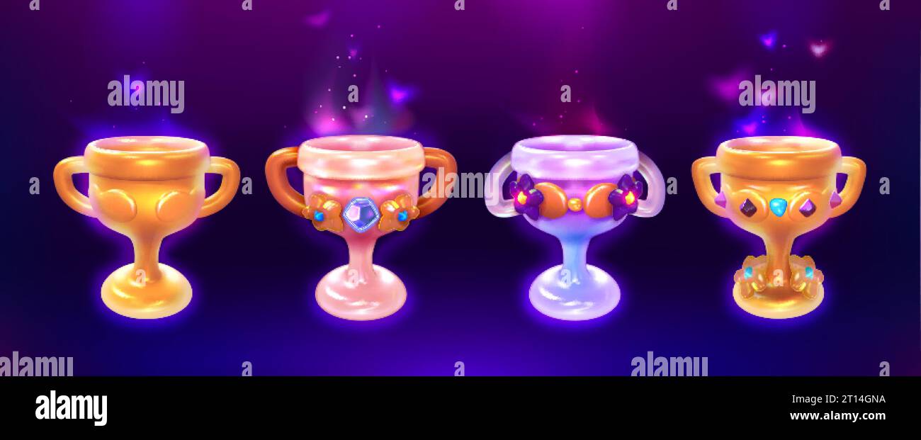 Set of game trophies, golden cups with gemstones. Collection of game ...