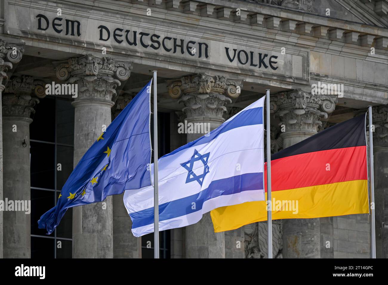 European, Israeli and German flags, from left, are pictured outside the ...