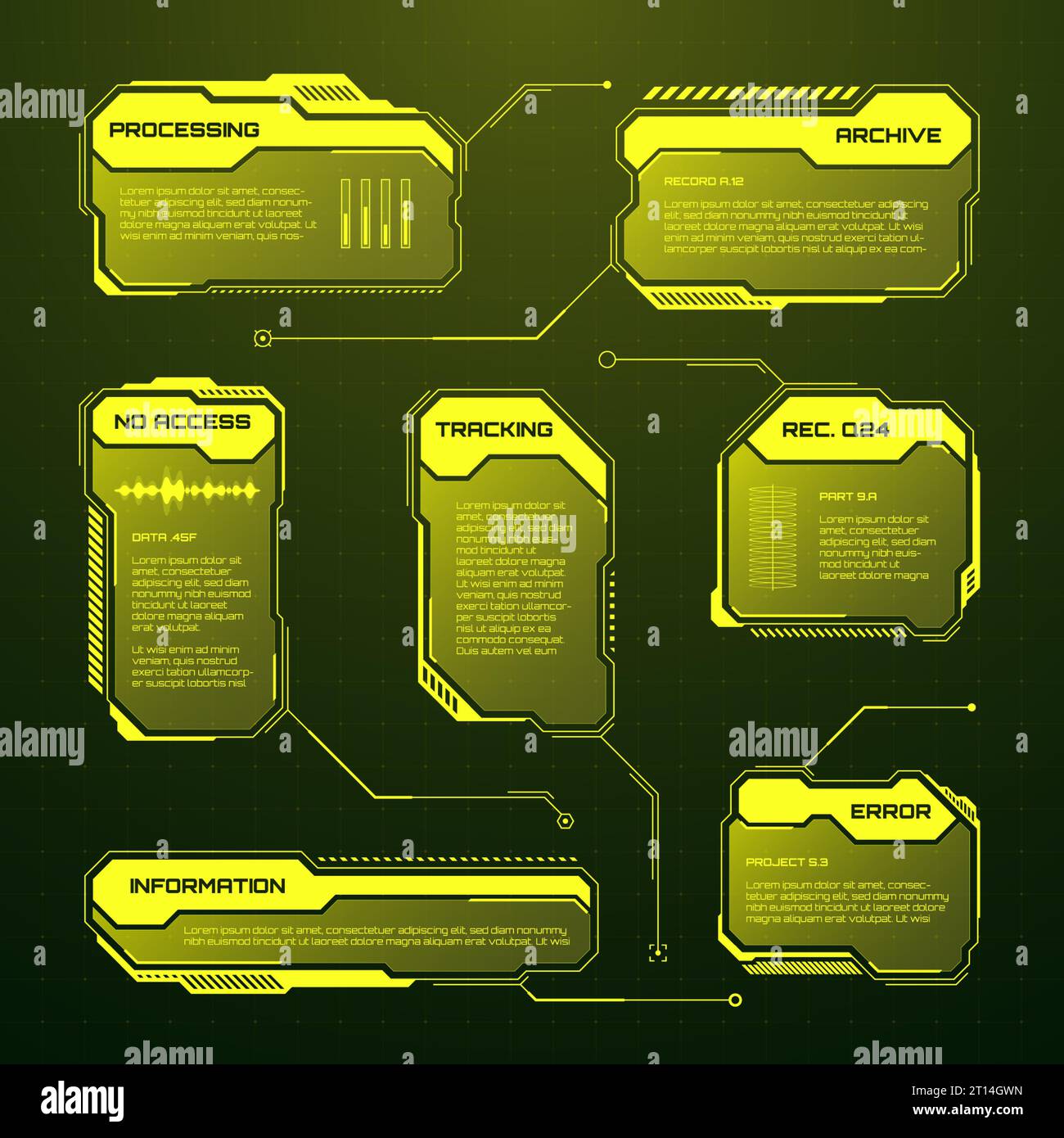 Yellow futuristic HUD, UI elements. Sci-fi user interface text boxes ...