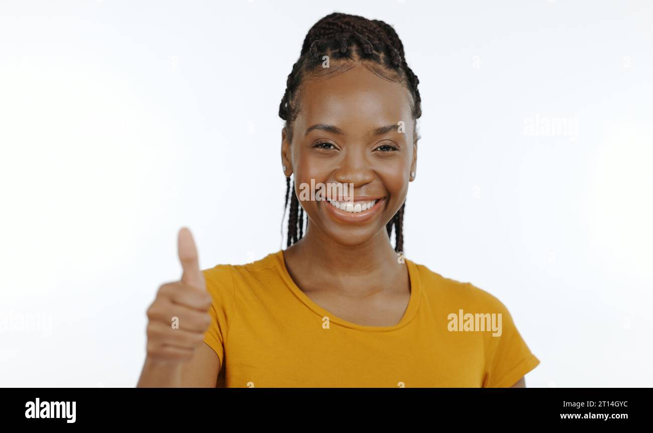 Woman, portrait and face with thumbs up to vote, gen z aesthetic and ...