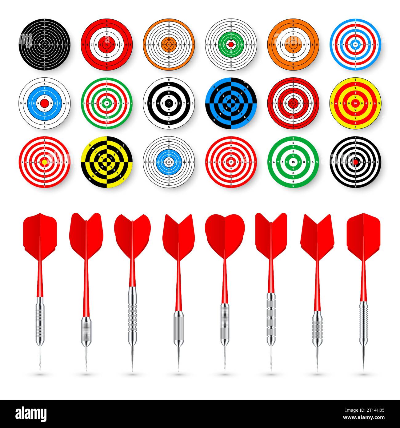 Paper targets with dart arrows and shadows. Shooting range round target ...