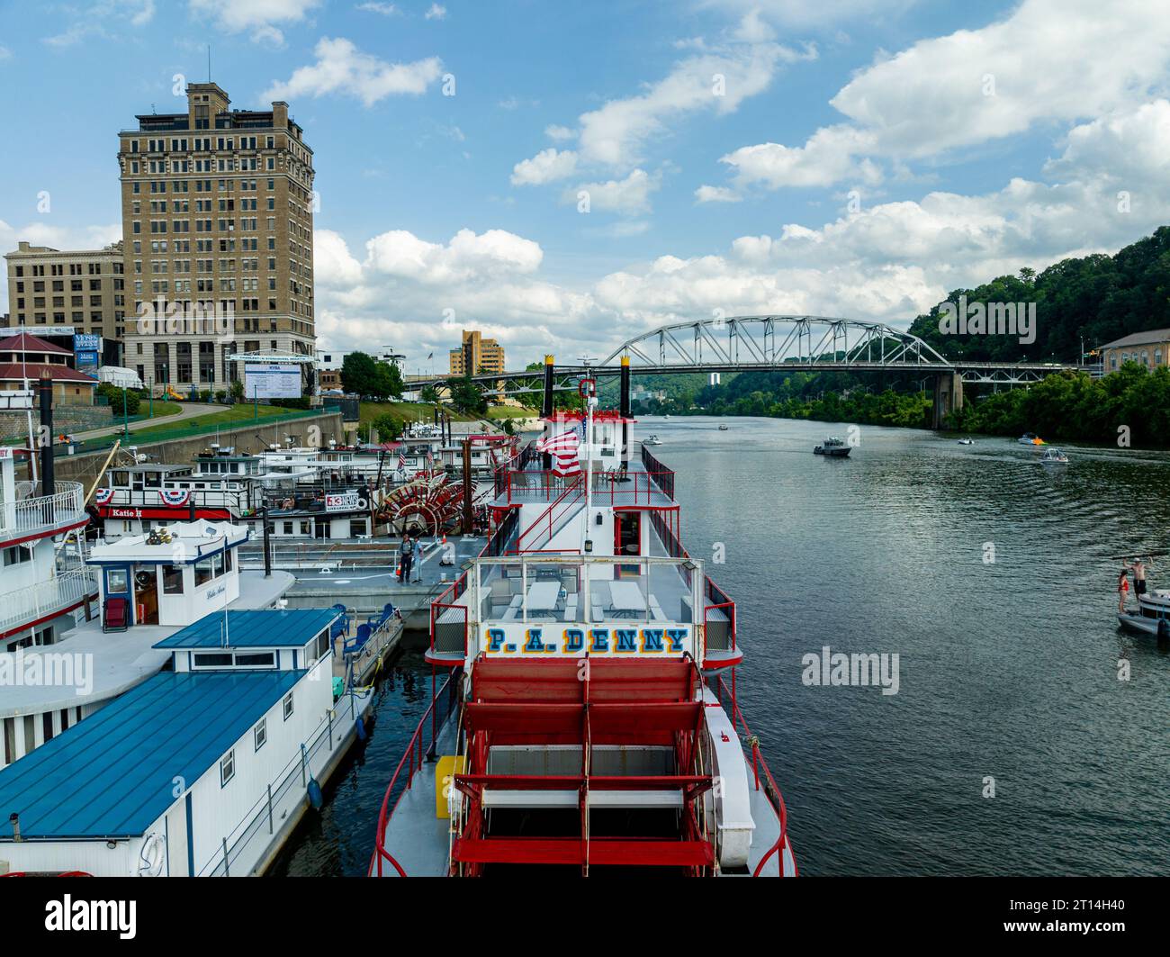 A scenic view of vintage sternwheel boats sailing on the Kanawha River ...