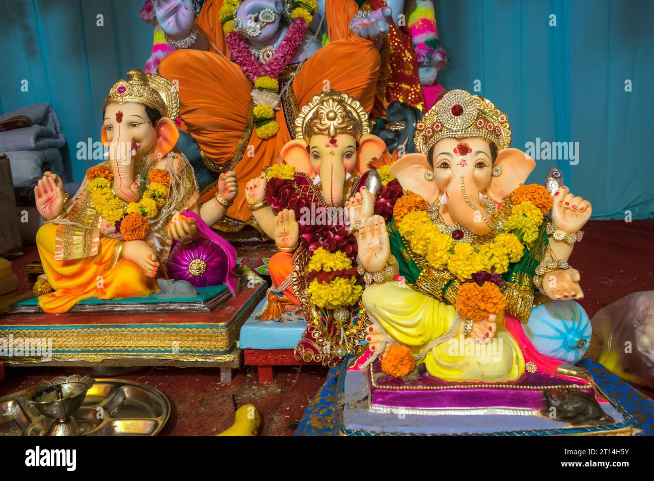 A beautiful idol of Lord Ganesha being worshipped at a mandal in Mumbai ...