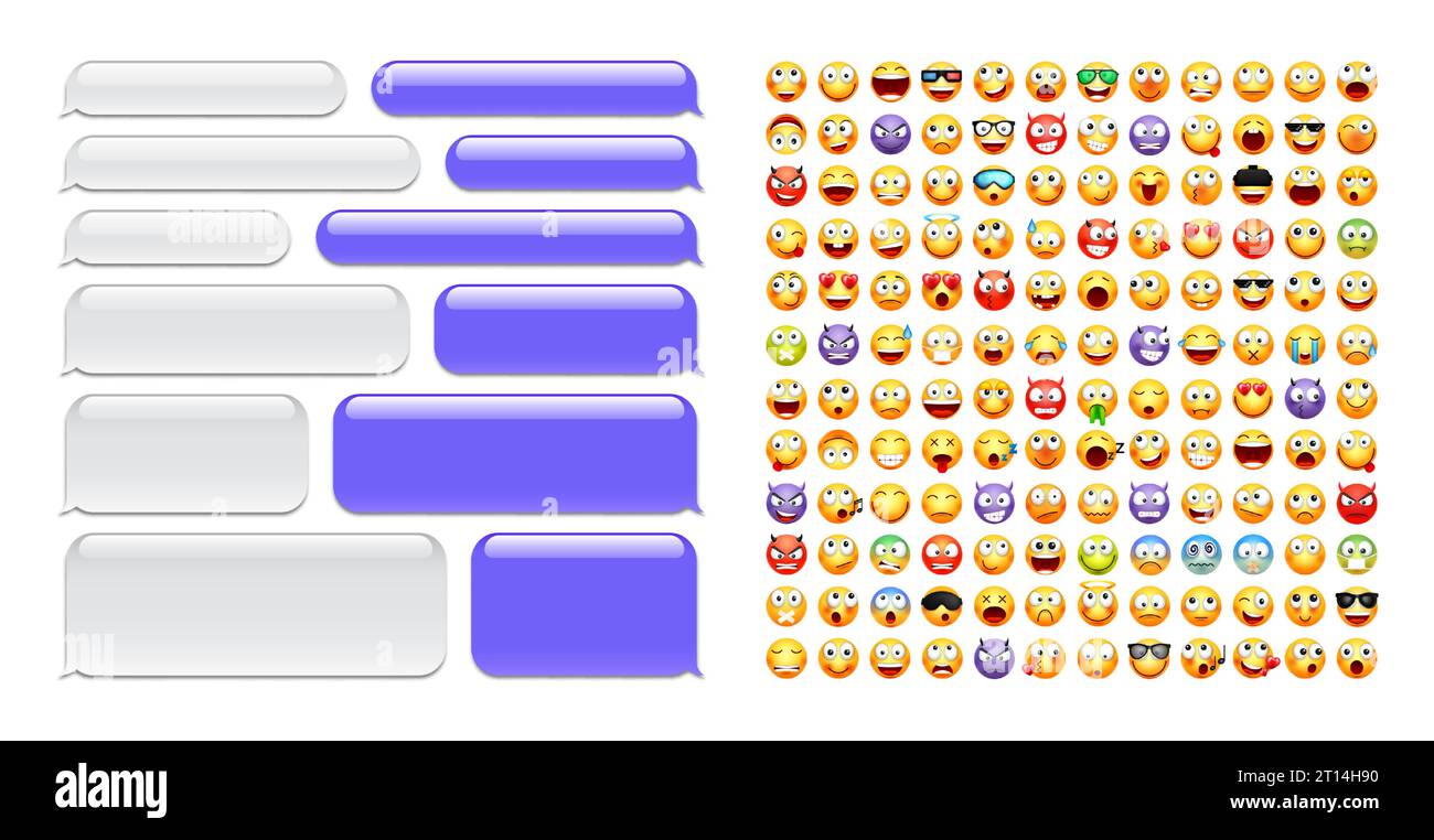 Blank message bubbles with emoji. Violet chat or messenger speech ...