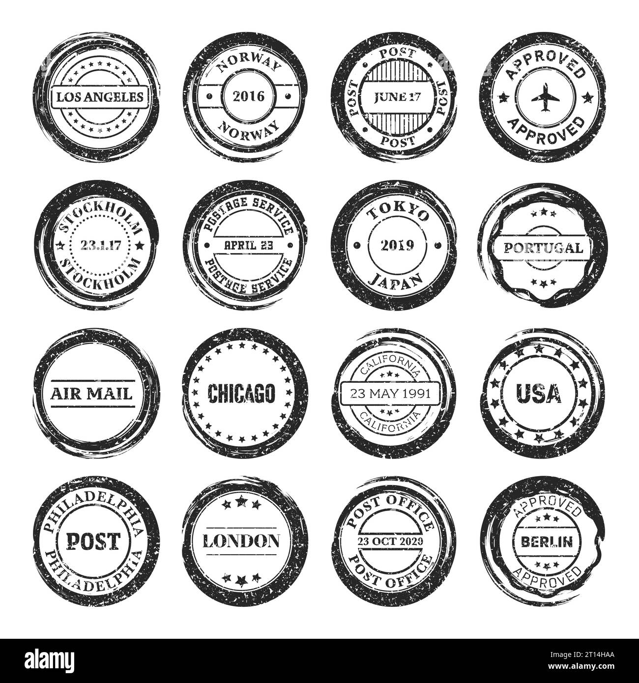 Post stamps, labels and badges. Grunge imprints and postmarks. Vintage ...