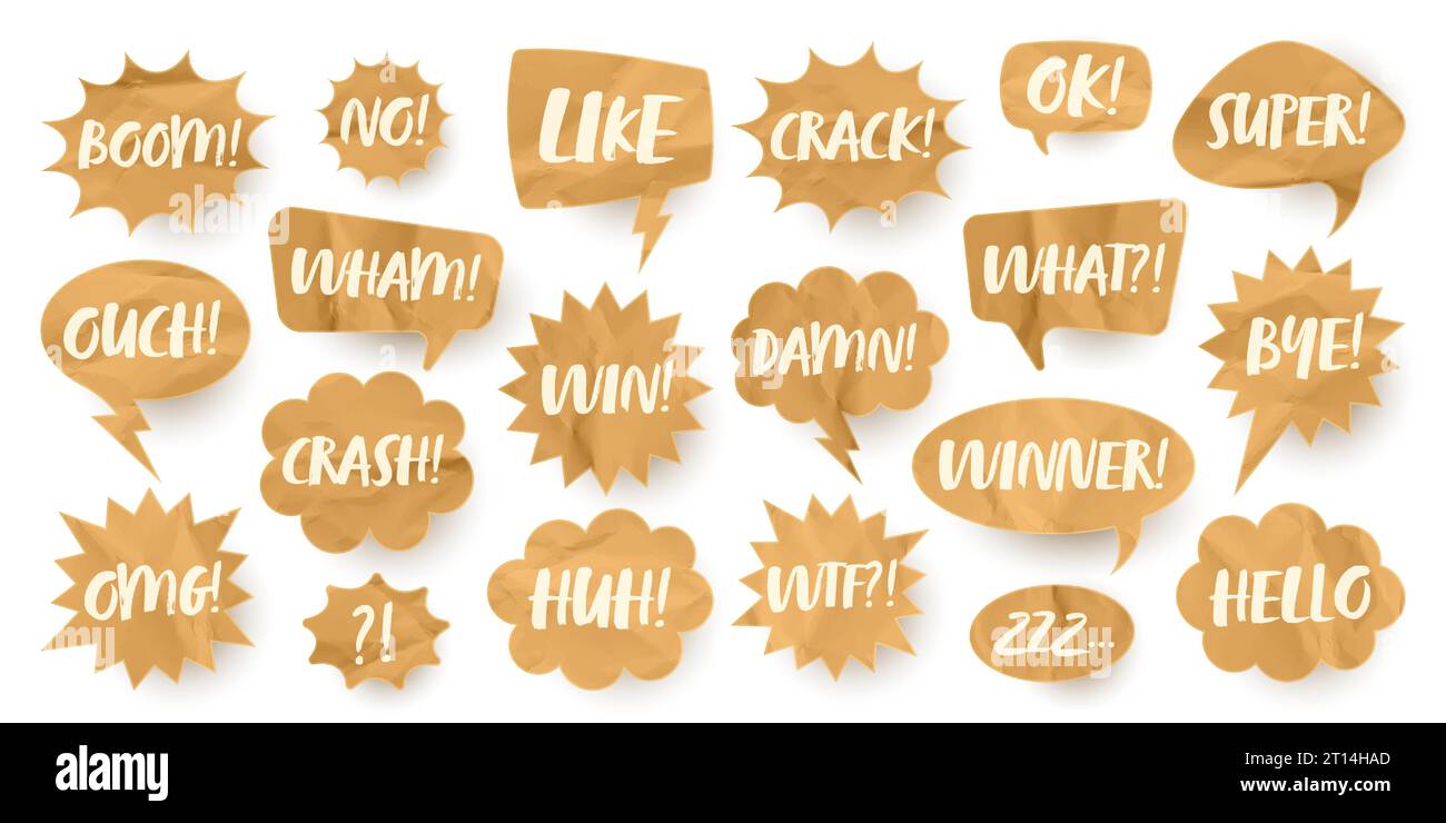 Crumpled paper comic speech bubbles. Hand drawn retro cartoon stickers ...