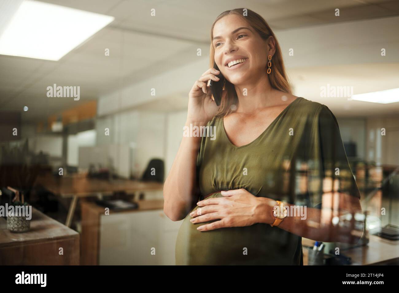 Happy phone call, communication and professional pregnant woman ...