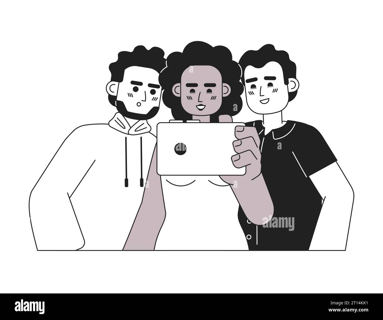 Watching Video Together Monochromatic Flat Vector Characters Stock