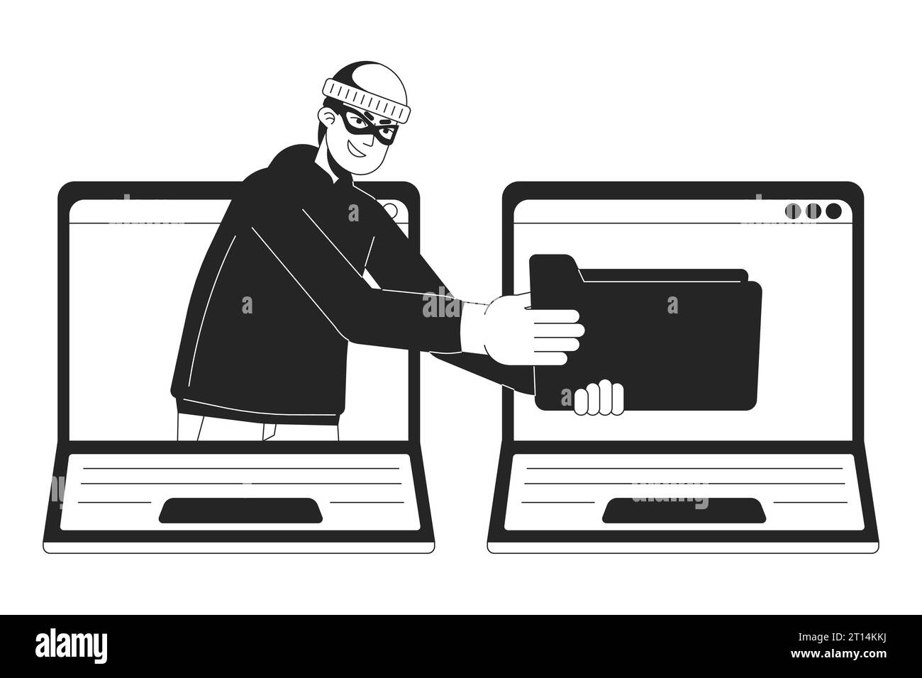 Thief stealing data from laptop bw concept vector spot illustration ...