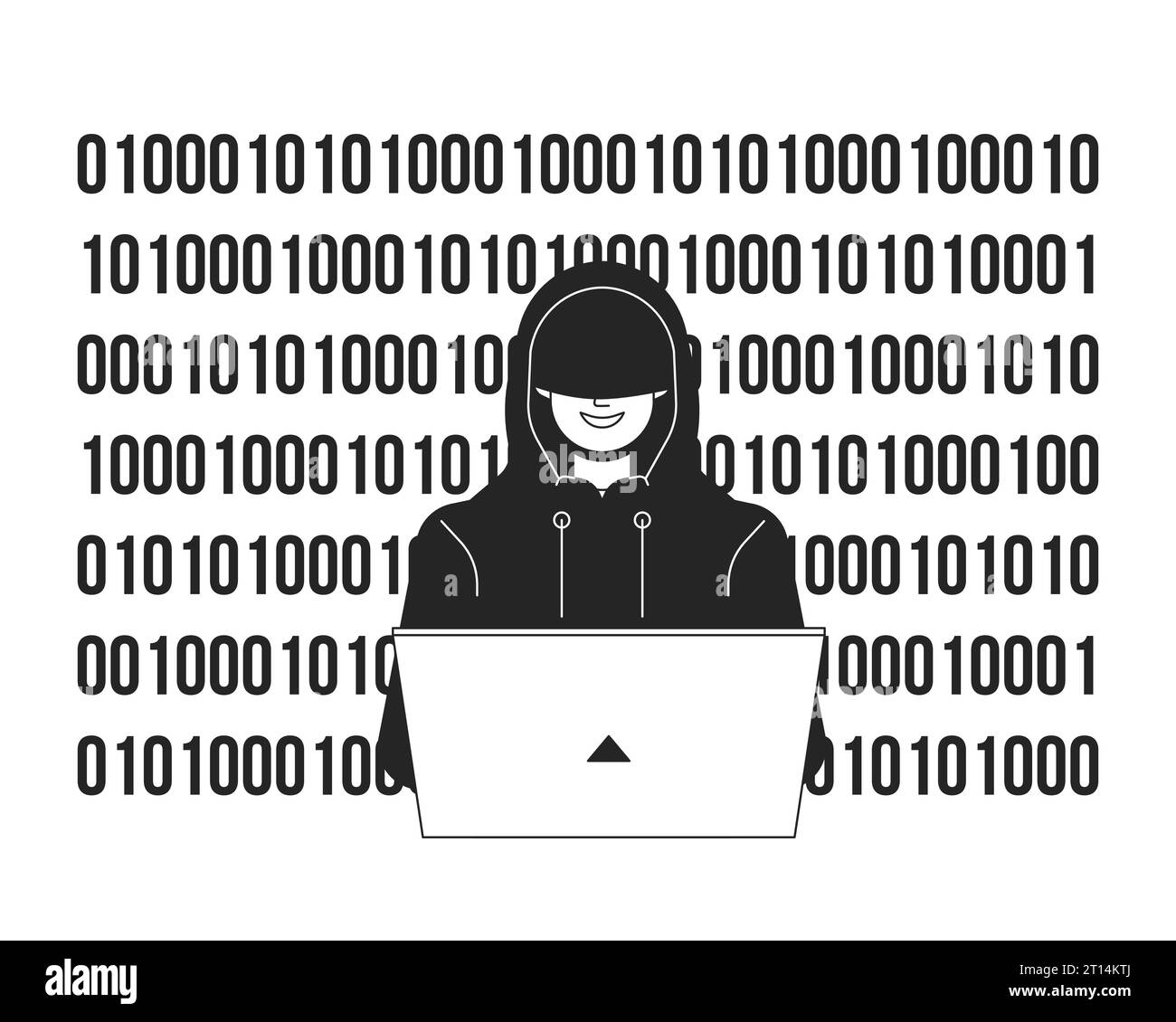 Hacker In Hood Coding Bw Concept Vector Spot Illustration Stock Vector