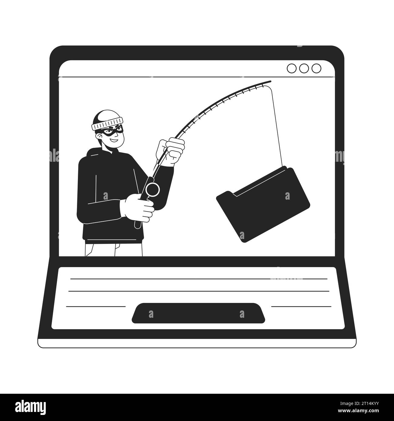 Thief hooking folder laptop screen bw concept vector spot illustration ...