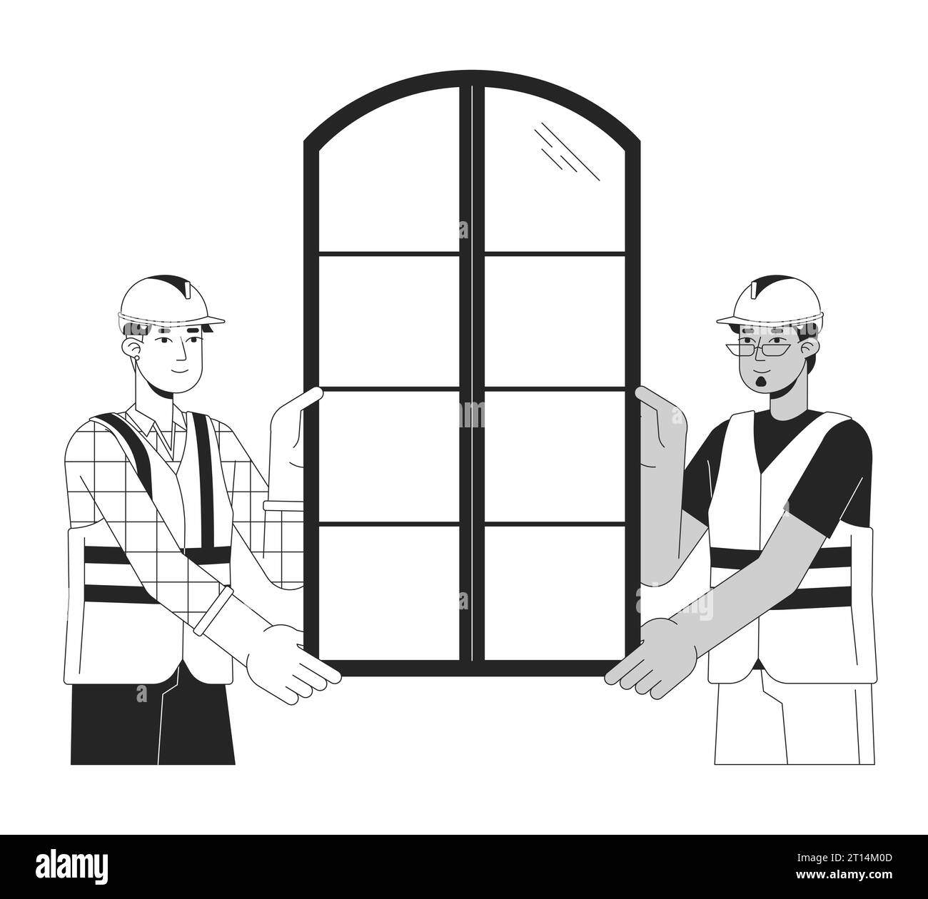 Window installers holding frame black and white 2D line cartoon ...