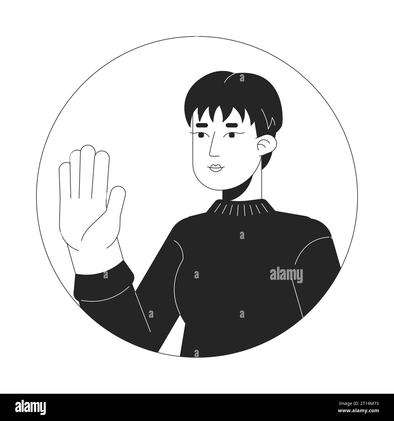 Pixie cut korean woman waving hand black and white 2D vector avatar ...