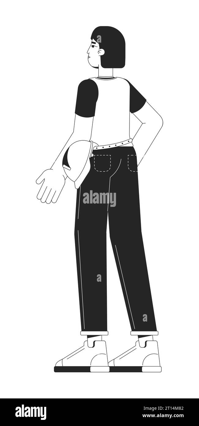 Asian repair woman standing back view black and white 2D line cartoon ...