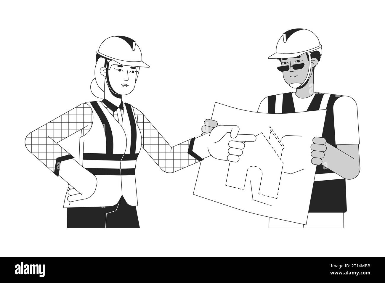 Diverse contractors discussing blueprint black and white 2D line ...