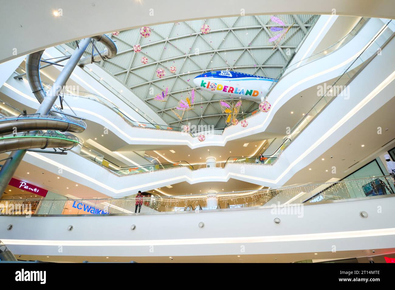 Interior view of the soaring shopping levels inside the airy, modern ...