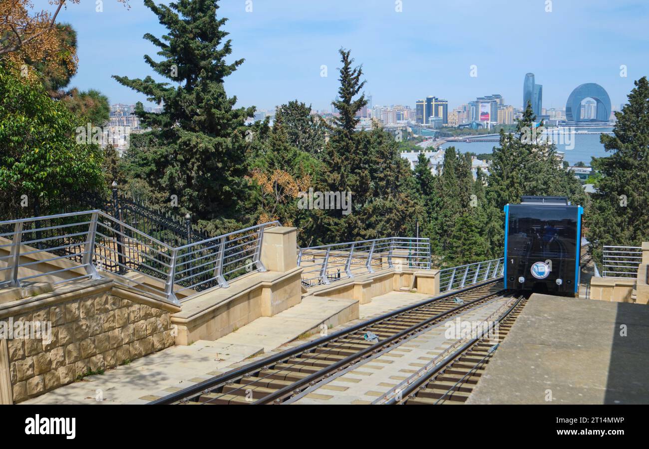 A view of the blue trains, going up and down on the funicular tracks ...