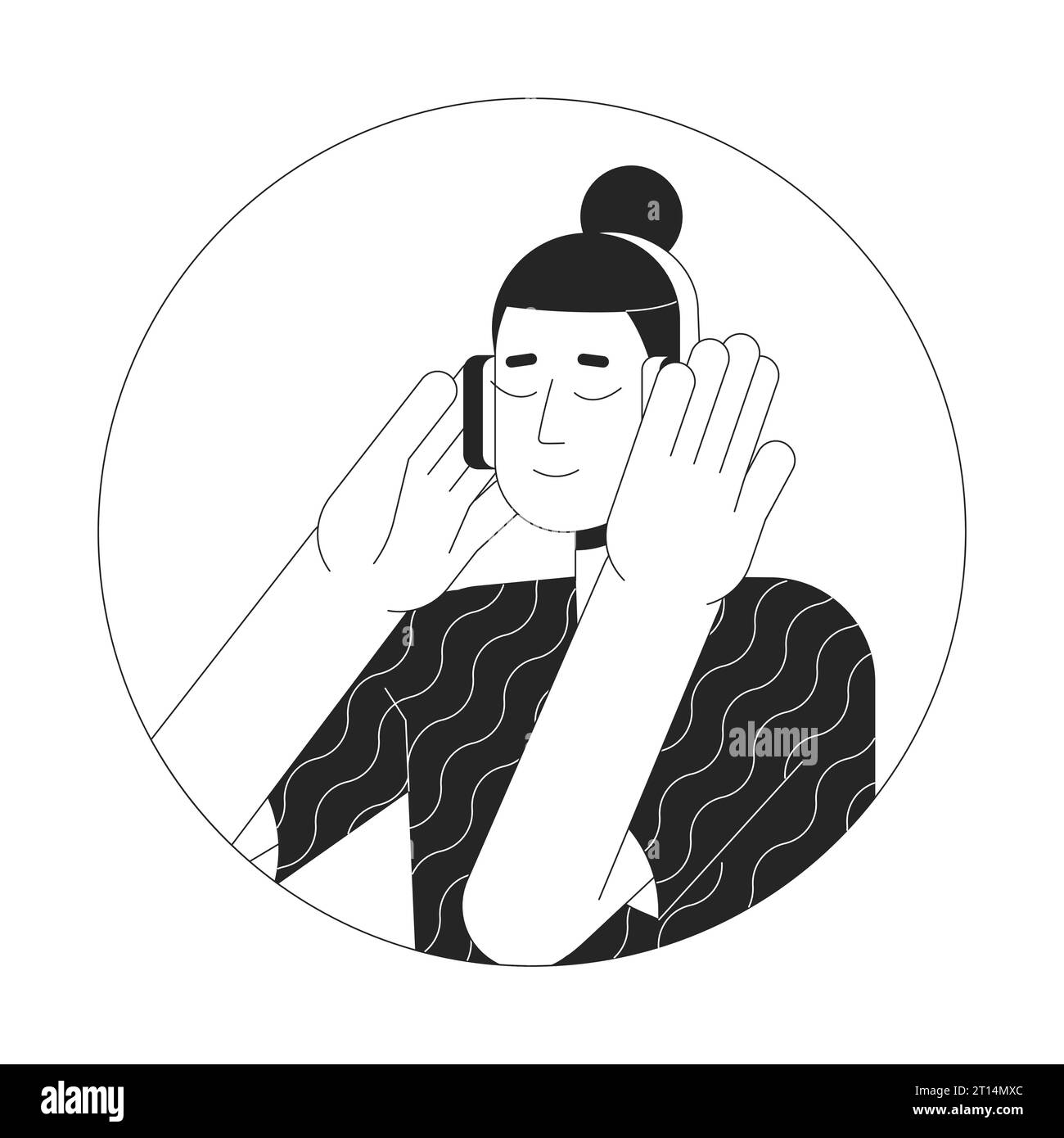 Chilling headphones asian man top knot black and white 2D vector avatar ...