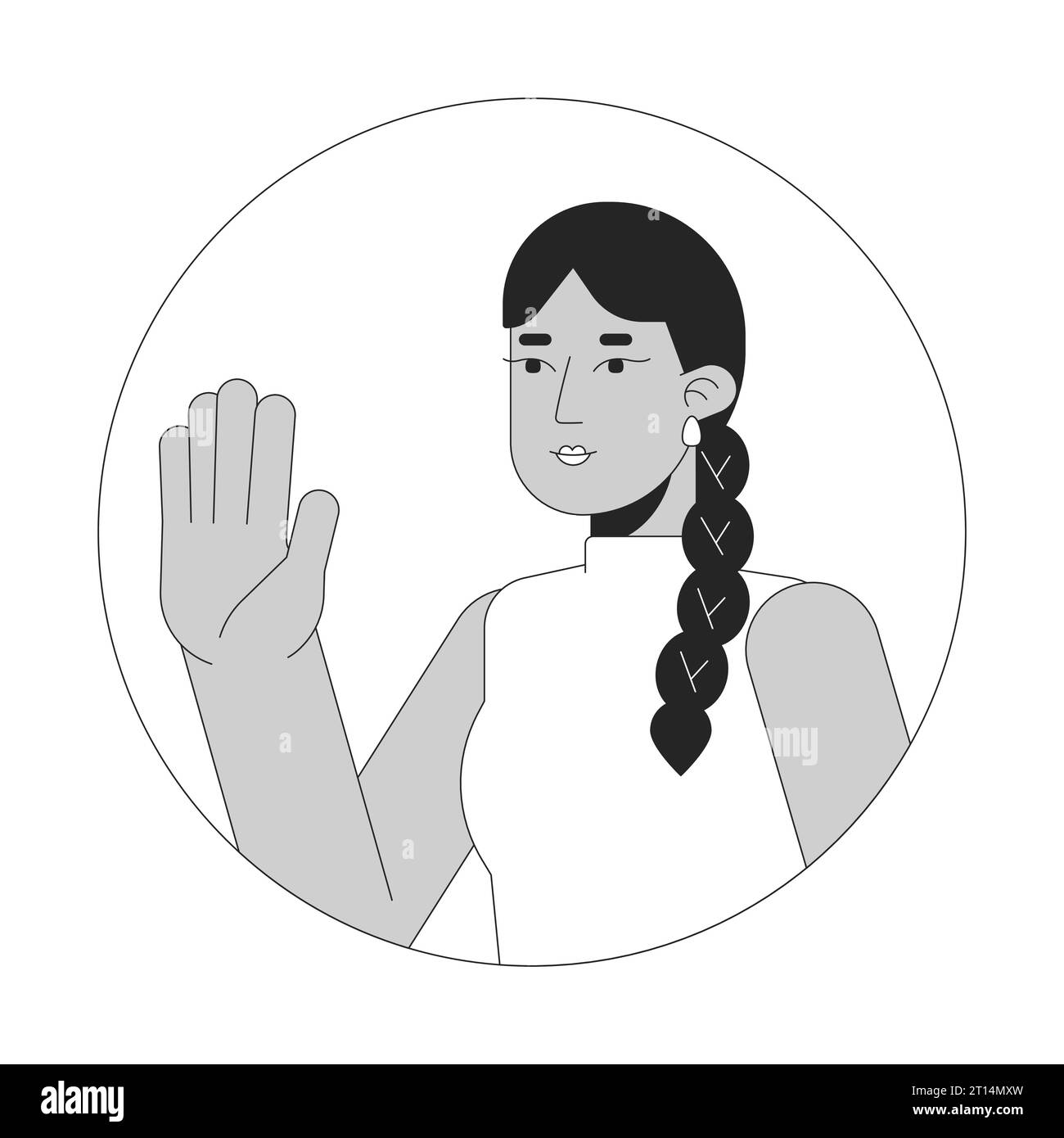 Waving pretty indian woman with long braid black and white 2D vector ...