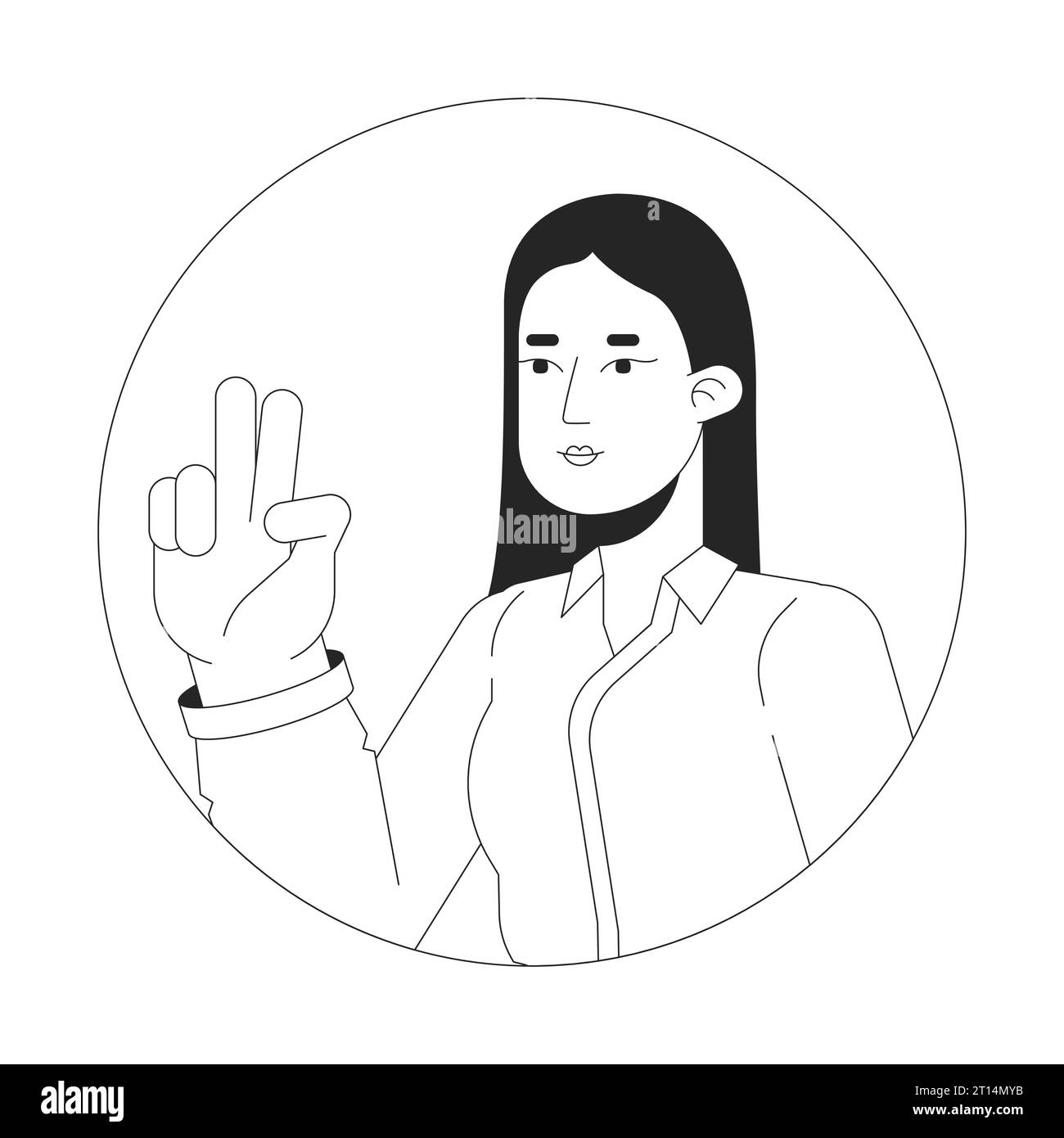 Peace sign girl asian with long straight hair black and white 2D vector ...