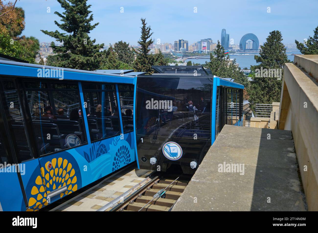 A view of the blue trains, going up and down on the funicular tracks ...
