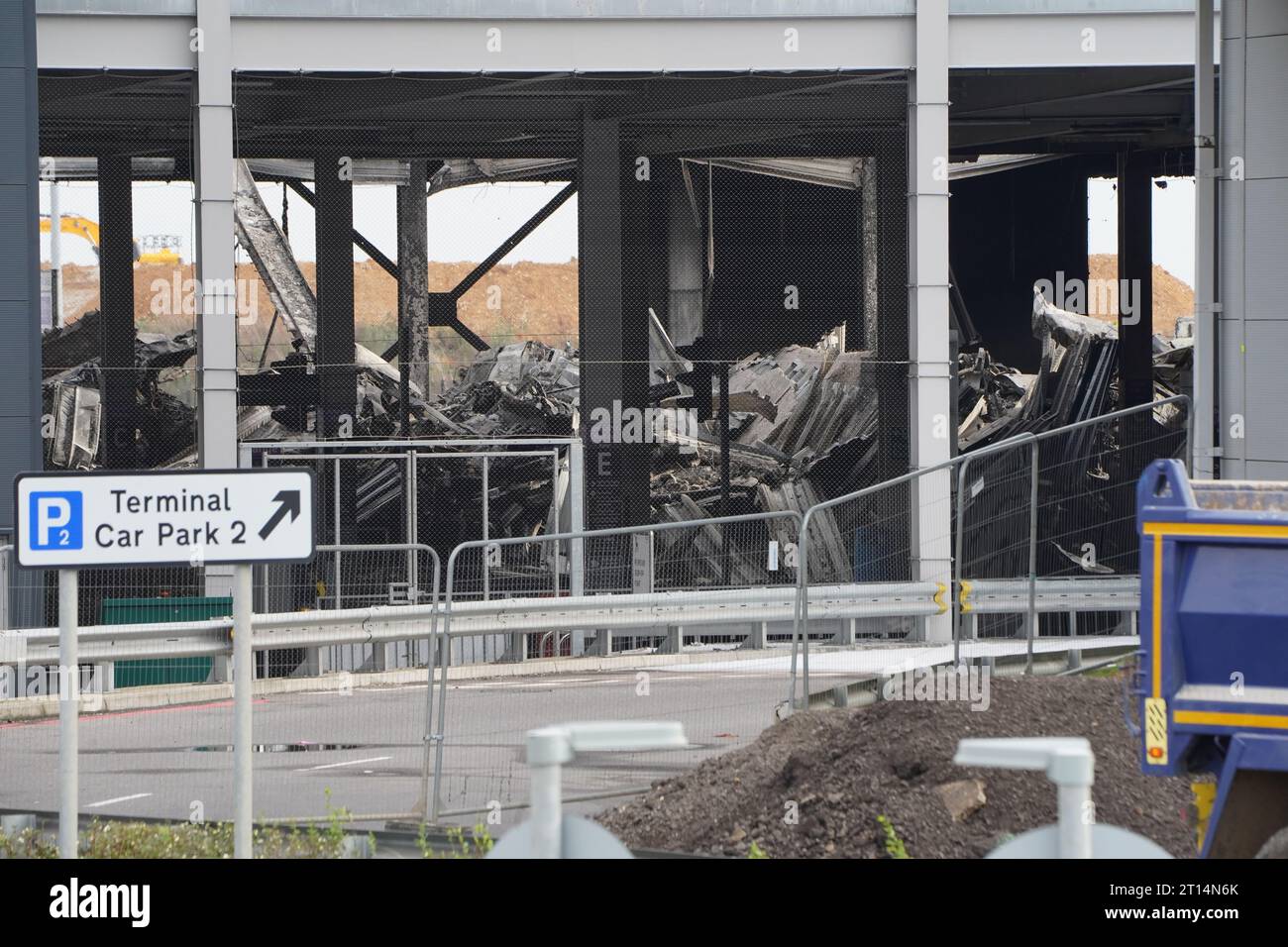 The scene following a fire at a multi-storey car park at Luton Airport ...