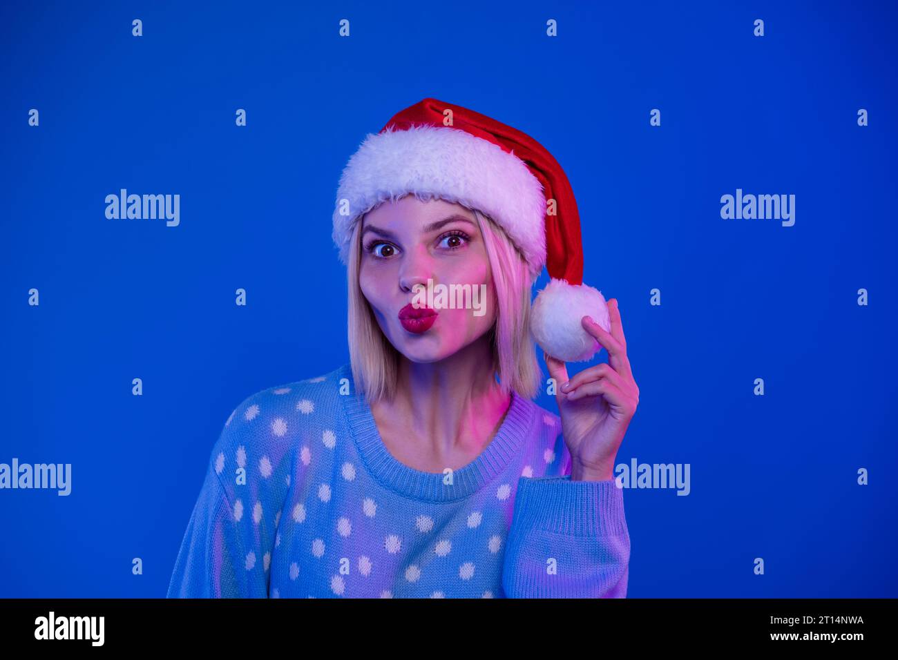 Photo of sweet flirty woman santa elf wear ugly print x-mas pullover ...