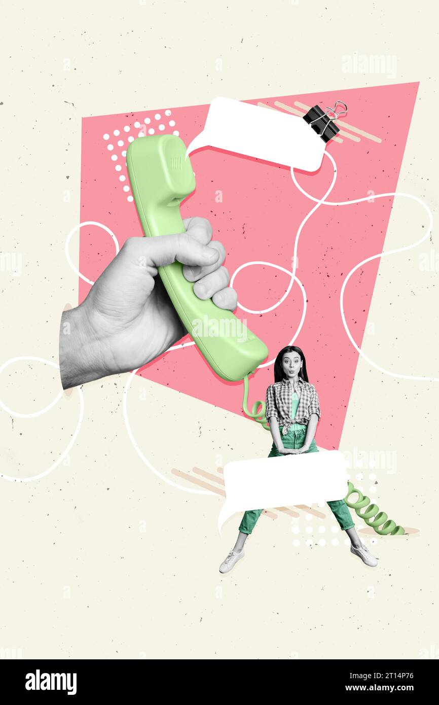 Placard sketch collage of funky girl jump up speak phone say tell share ...