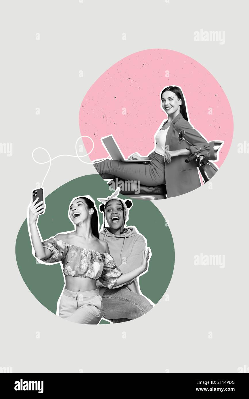 Sketch poster collage of funky cheerful girls have fun speaking phone ...